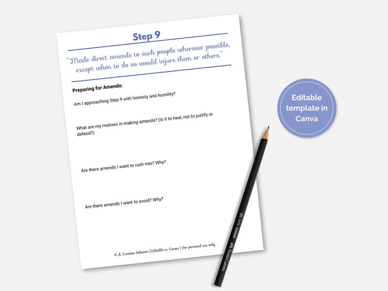 Step 9 Worksheets | Editable Canva Template | 2-page Amends Preparation ...