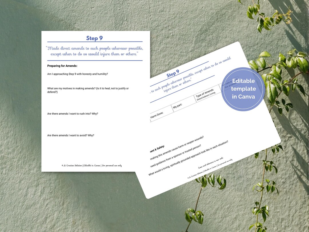 Step 9 Worksheets | Editable Canva Template | 2-page Amends Preparation ...