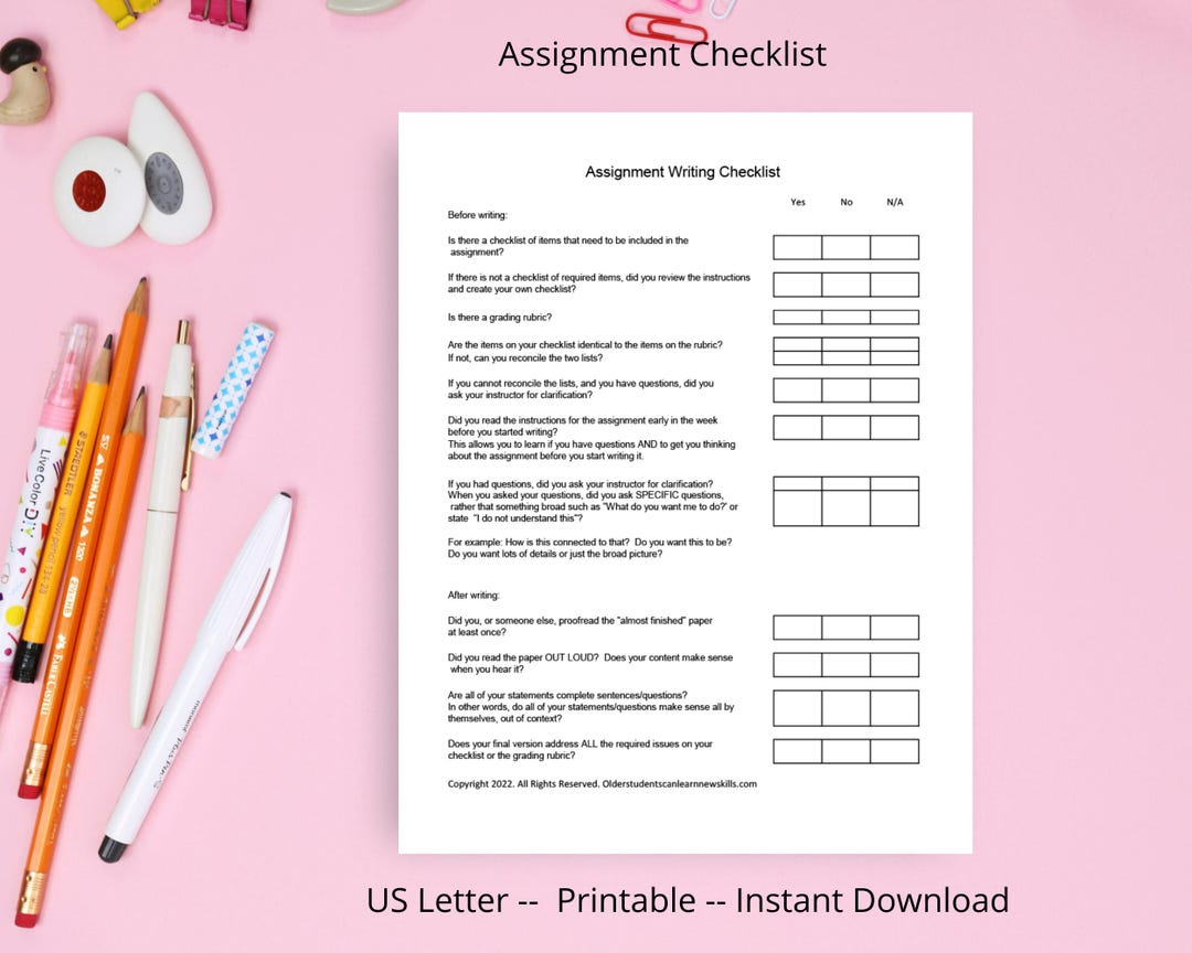 Printable Homework Assignment Checklist; PDF Study Planner for High School and College Students ...