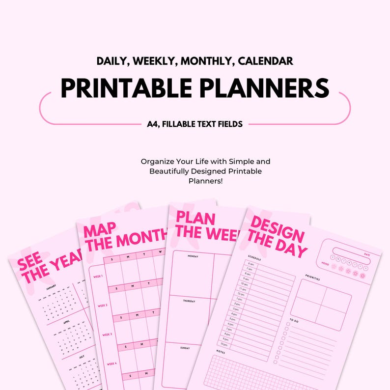 Pink Printable Planner: Daily, Weekly, Monthly, A4 (fillable PDF) - Etsy