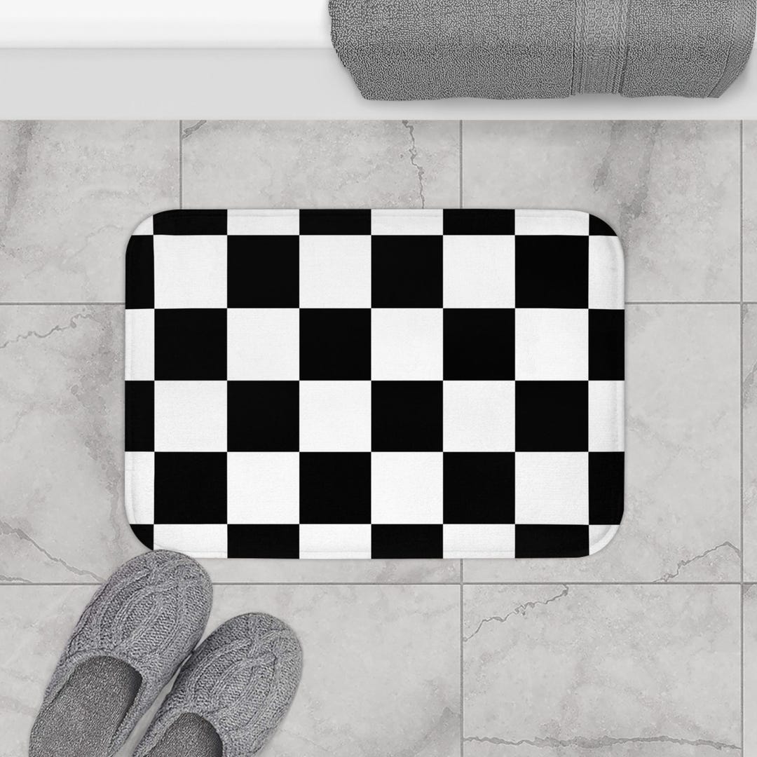 Checkered Bath Mat - Black and White Plaid Bathroom Rug, Square Pattern ...
