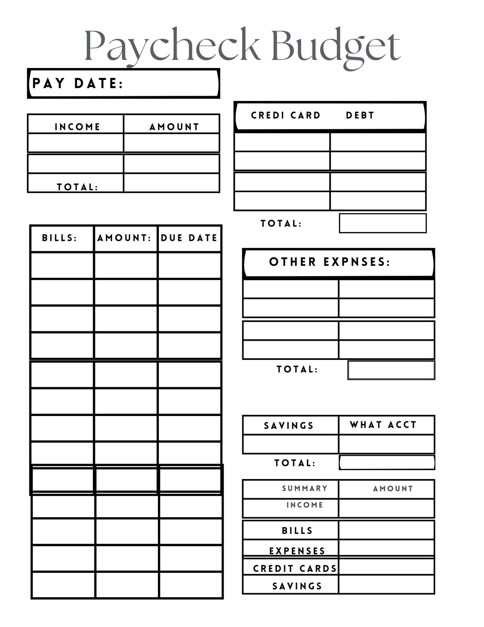 Paycheck Budget Sheet Weekly, Bi-weekly, Monthly Budget Sheet. PDF File ...