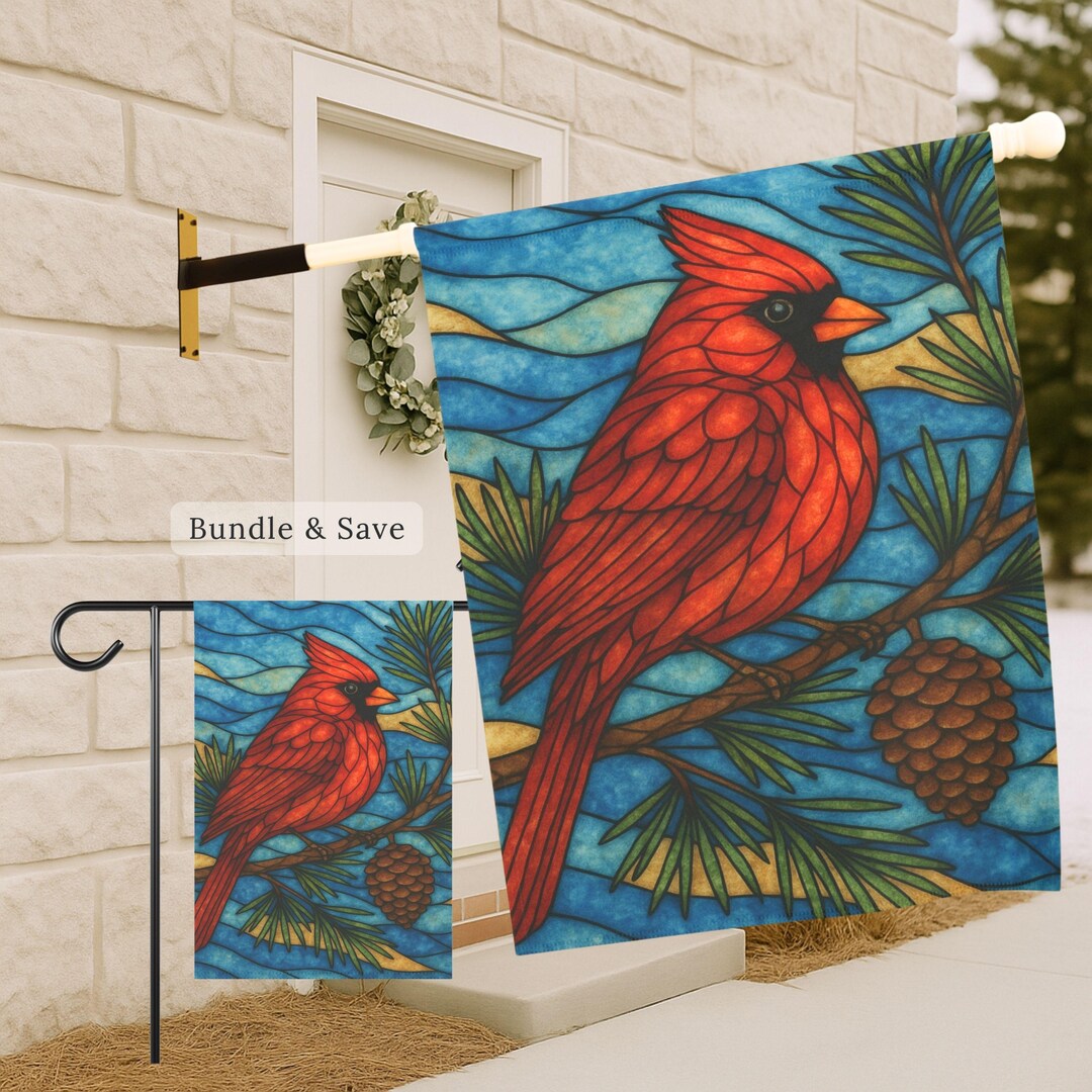 Stained Glass Cardinal Flag, Memorial Garden Flag, Winter Pine ...
