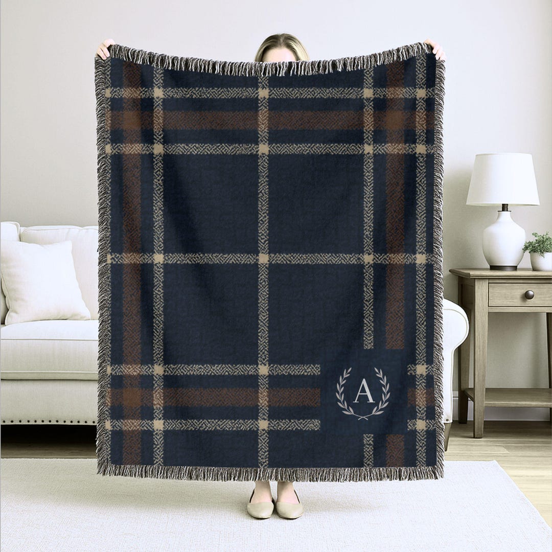 Personalized Tartan Woven Blanket, 100% Cotton USA Made Throw, Navy ...