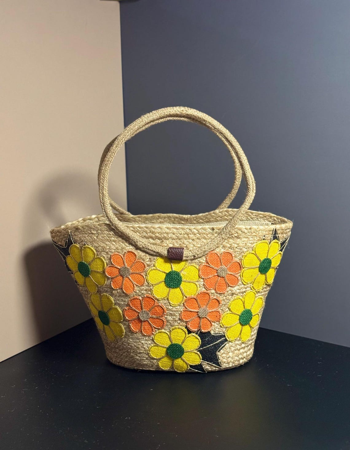 Handmade Floral Jute Bag | Sustainable Shoulder Tote | Natural Fiber ...