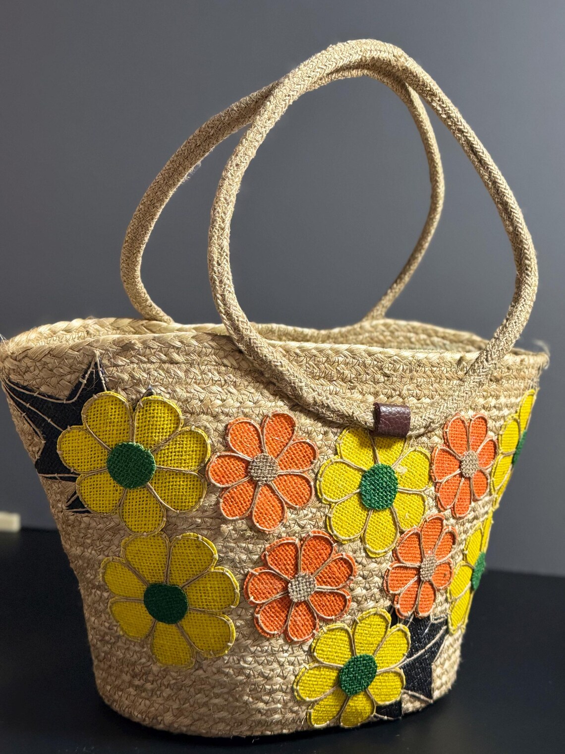 Handmade Floral Jute Bag | Sustainable Shoulder Tote | Natural Fiber ...