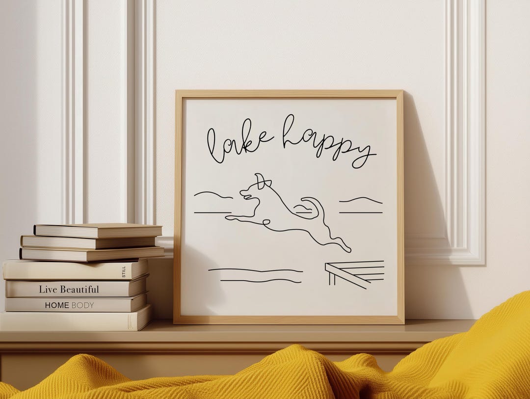 Lake Happy Dog Poster, Minimalist Wall Art, Cottagecore Aesthetic, Lake ...