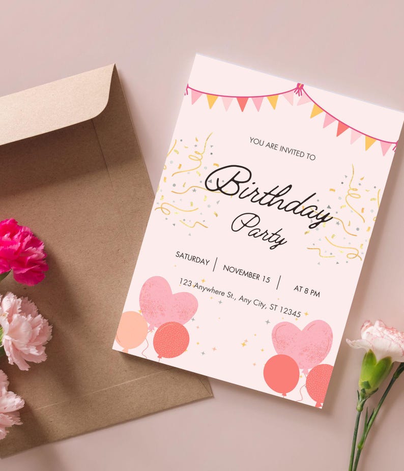 Birthday Invite, Aesthetic, Pink, Cute and Stylish, Customizable Invite ...