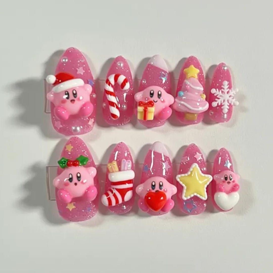 Kirby Christmas 3D Press on Nails | Kawaii Pink Holiday Nails | Cute ...