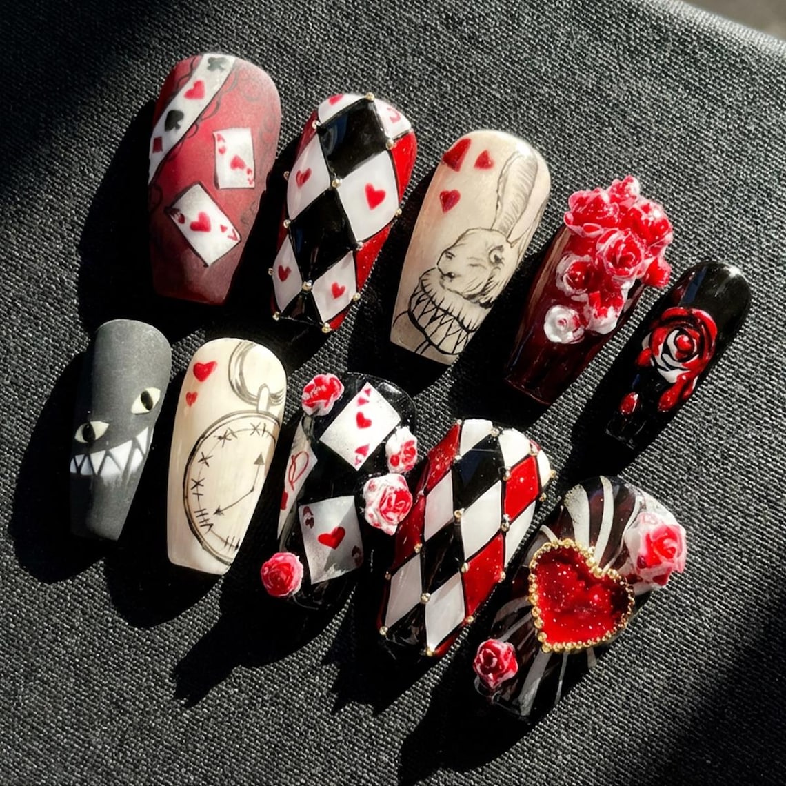 Alice in Wonderland Press-on Nails | Queen of Hearts Goth Nails | Mad ...