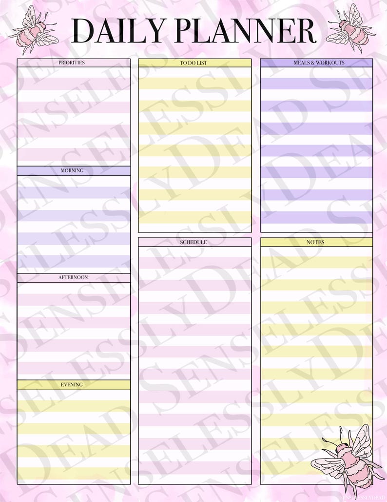 Printable or Digital Daily Planner Cute Pink Bees Watercolor - Etsy