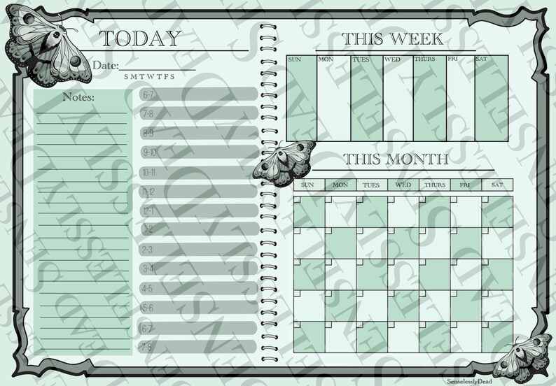 Green Moth Gothic Digital Printable Planner Bundle - Etsy