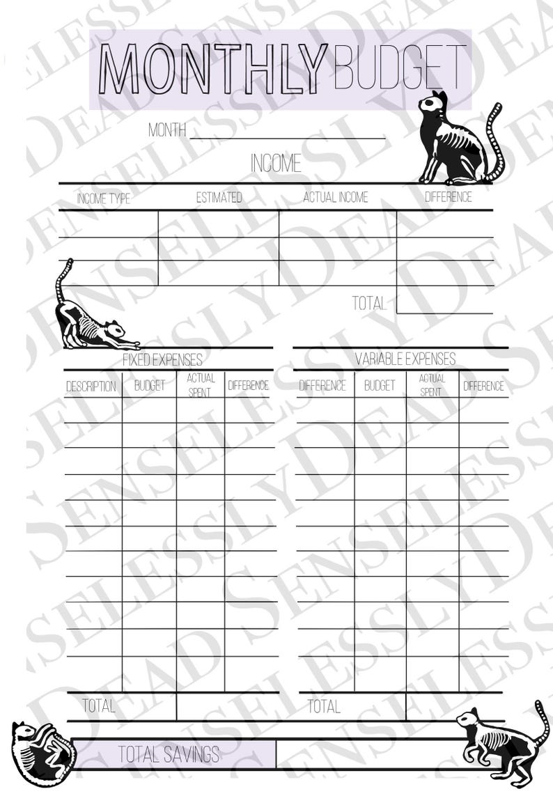 Digital Printable Monthly Budget & Expense Tracker Cat Cats Skeleton - Etsy