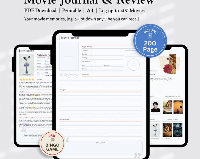 Movie Log, Film Journal on One Page | Planner Insert | A5, Half Letter ...