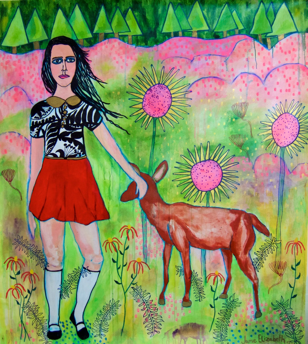 Large Mixed Media Painting: Girl and Deer Folk Art Canvas Deer ...