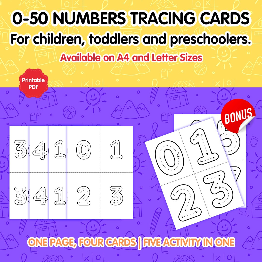 50 Number Tracing Cards 0-50 Printable Flash Cards Counting & Clip ...