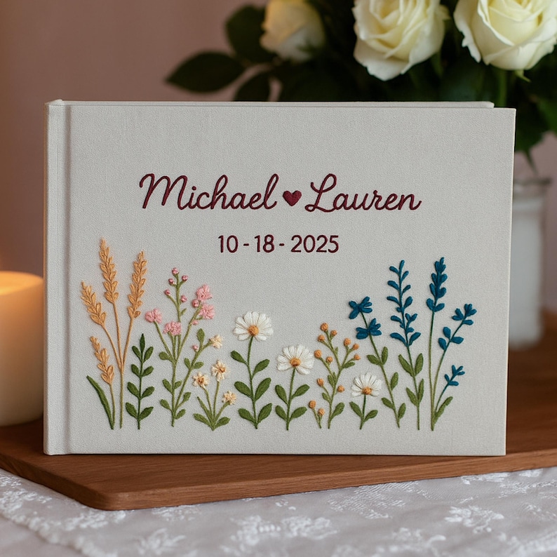 Hand Embroidered Wedding Guest Book, Personalized Floral Linen Memory ...