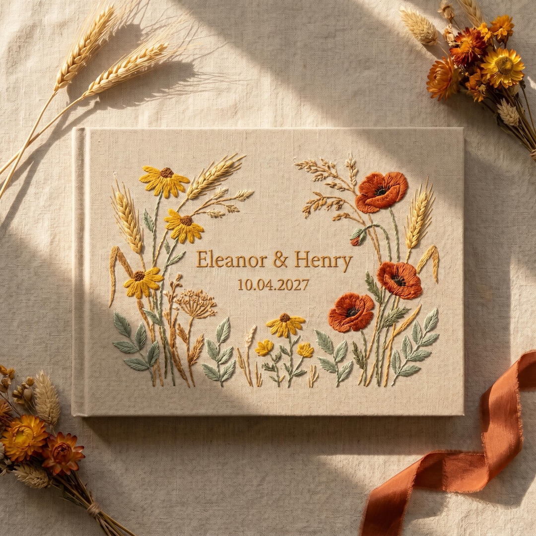 Custom Embroidered Wedding Guest Book, Fall Wildflower Linen Keepsake ...