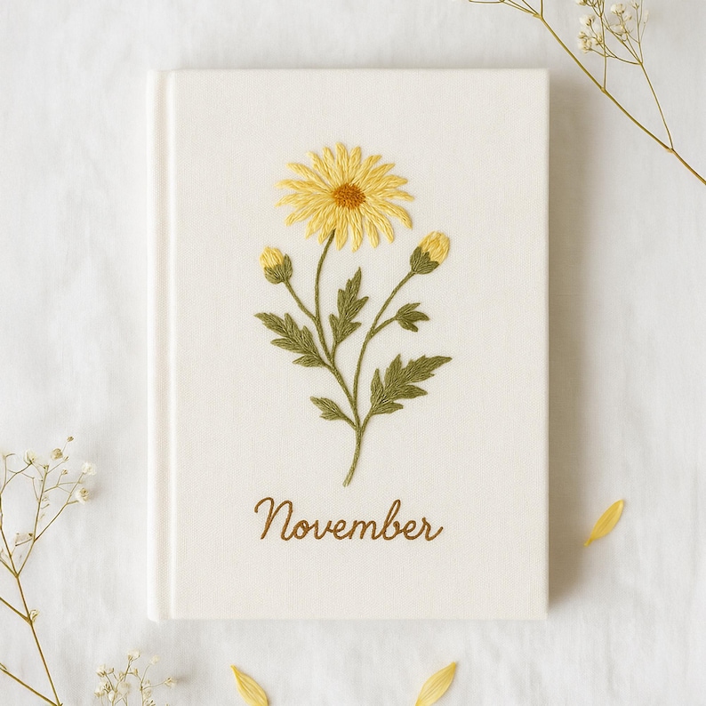 Custom Birth Flower Journal, Hand-embroidered Linen Keepsake Notebook ...