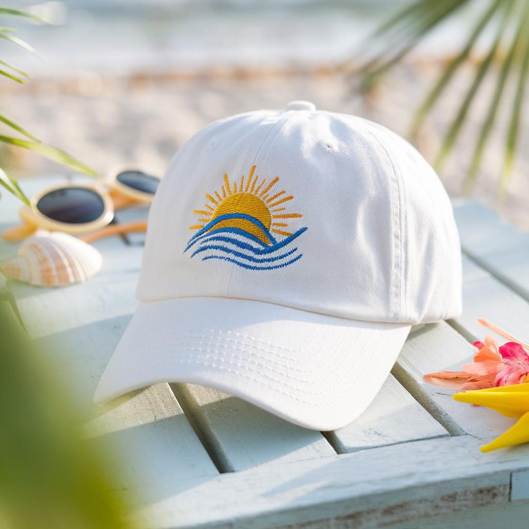 Sun and Wave Embroidered Hat, White Beach Dad Cap, Coastal Summer ...