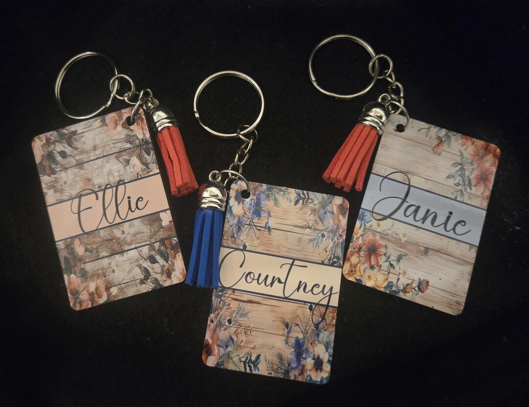 Rustic Floral Wood Look Personalized Keychains With Tassels 3 Styles ...