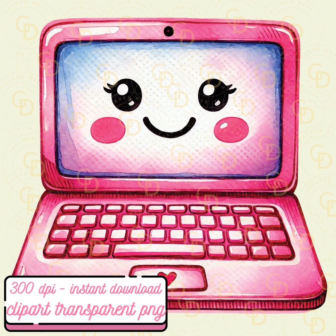 Kawaii Pink Laptop Clipart - Cute Digital Computer PNG, Hand-drawn ...