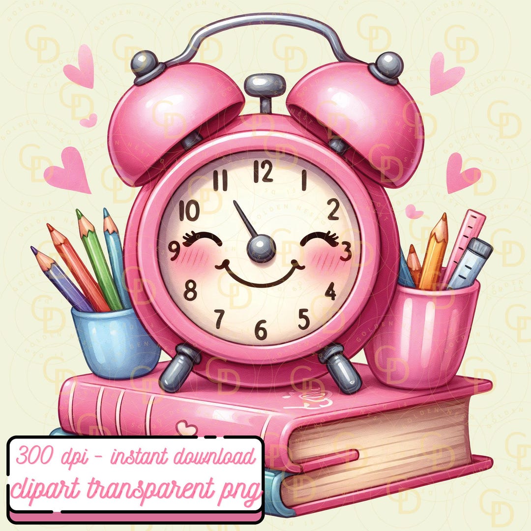 Kawaii Pink Alarm Clock Clipart - Cute Vintage Clock PNG, Hand-drawn ...