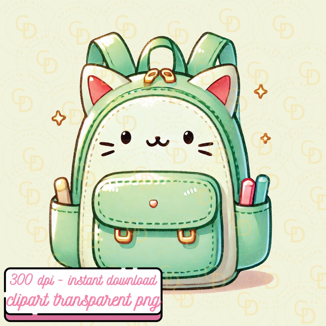 Kawaii Green Cat Backpack Clipart Cute Hand-drawn School Bag PNG ...