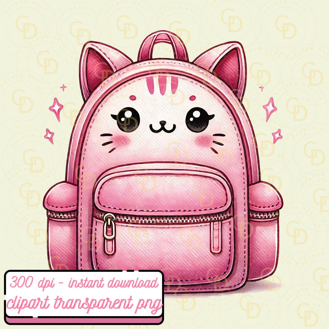 Kawaii Pink Cat Backpack Clipart Cute Hand-drawn School Bag PNG ...