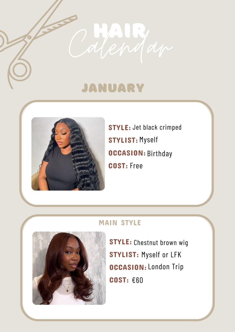 Hair Calendar Template | Yearly Hairstyle Planner | Protective Style ...