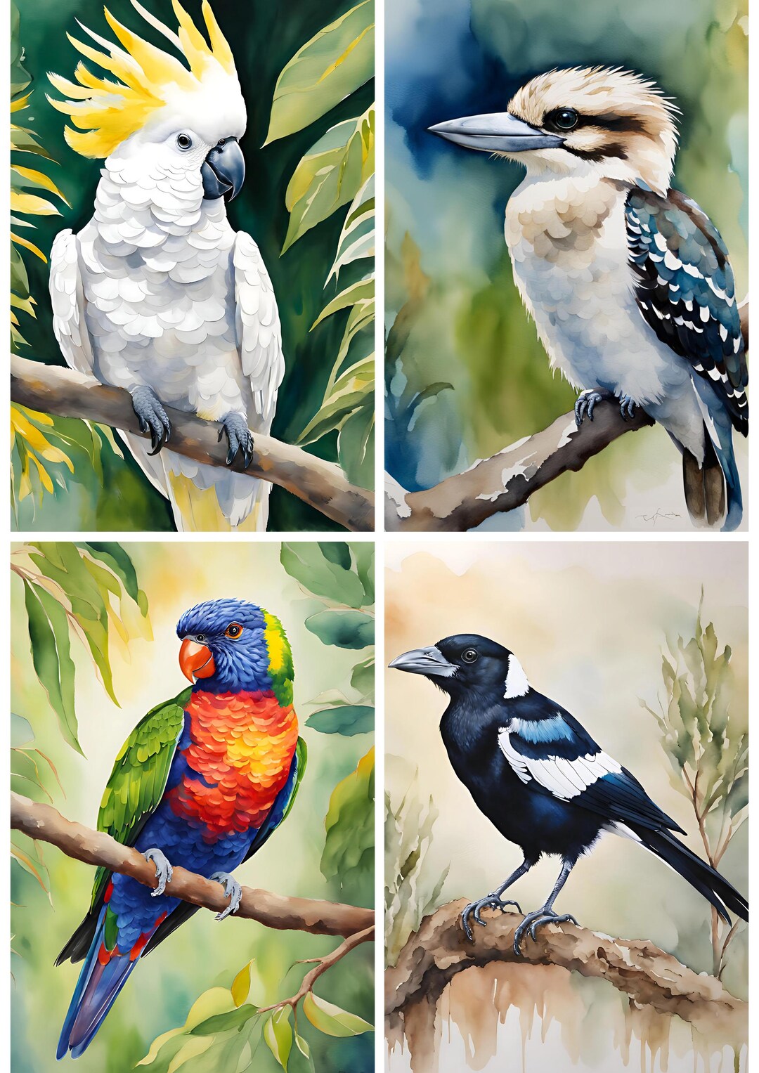 Digital Download - Set of 4 Watercolour Vibrant Australian Bird Prints ...
