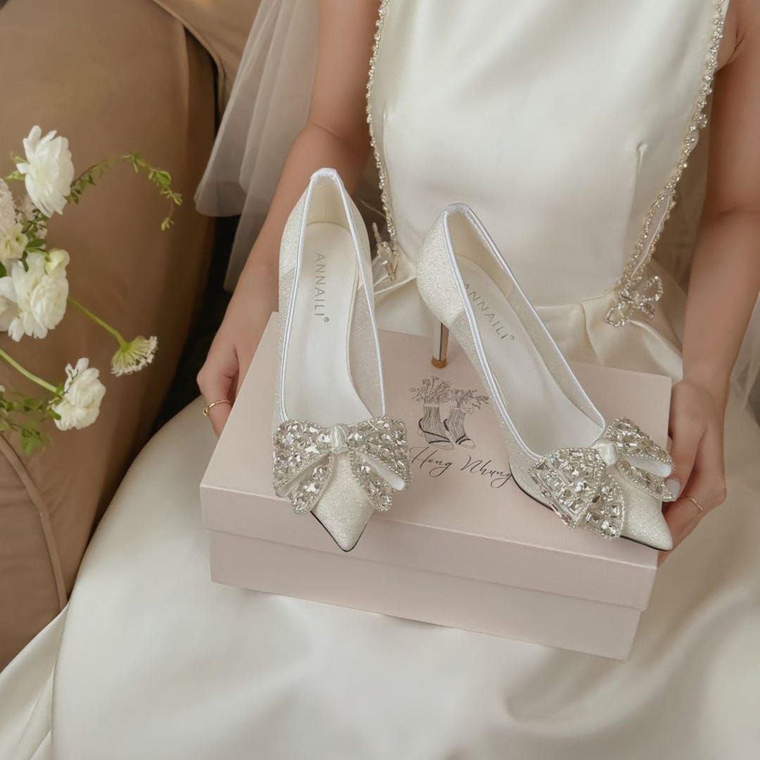 White Satin Bridal Shoes With Low Heel and Sling Back Comfortable High ...