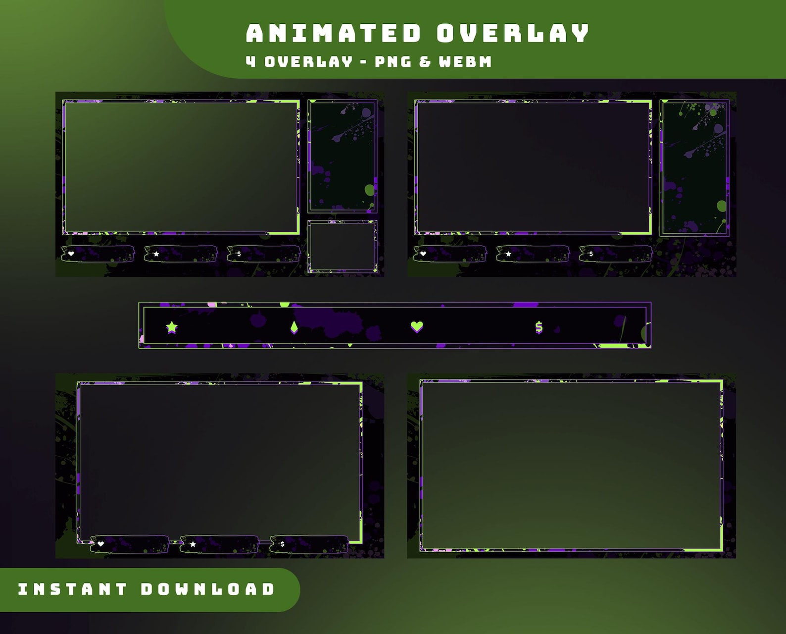 Ink Splatter Animated Stream Overlay Package, Purple and Green Stream ...
