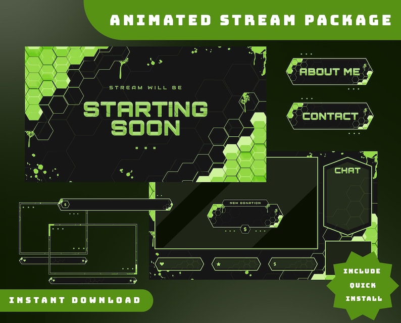 Neon Hexagrid Animated Stream Overlay Package, Green Neon Stream Gaming ...