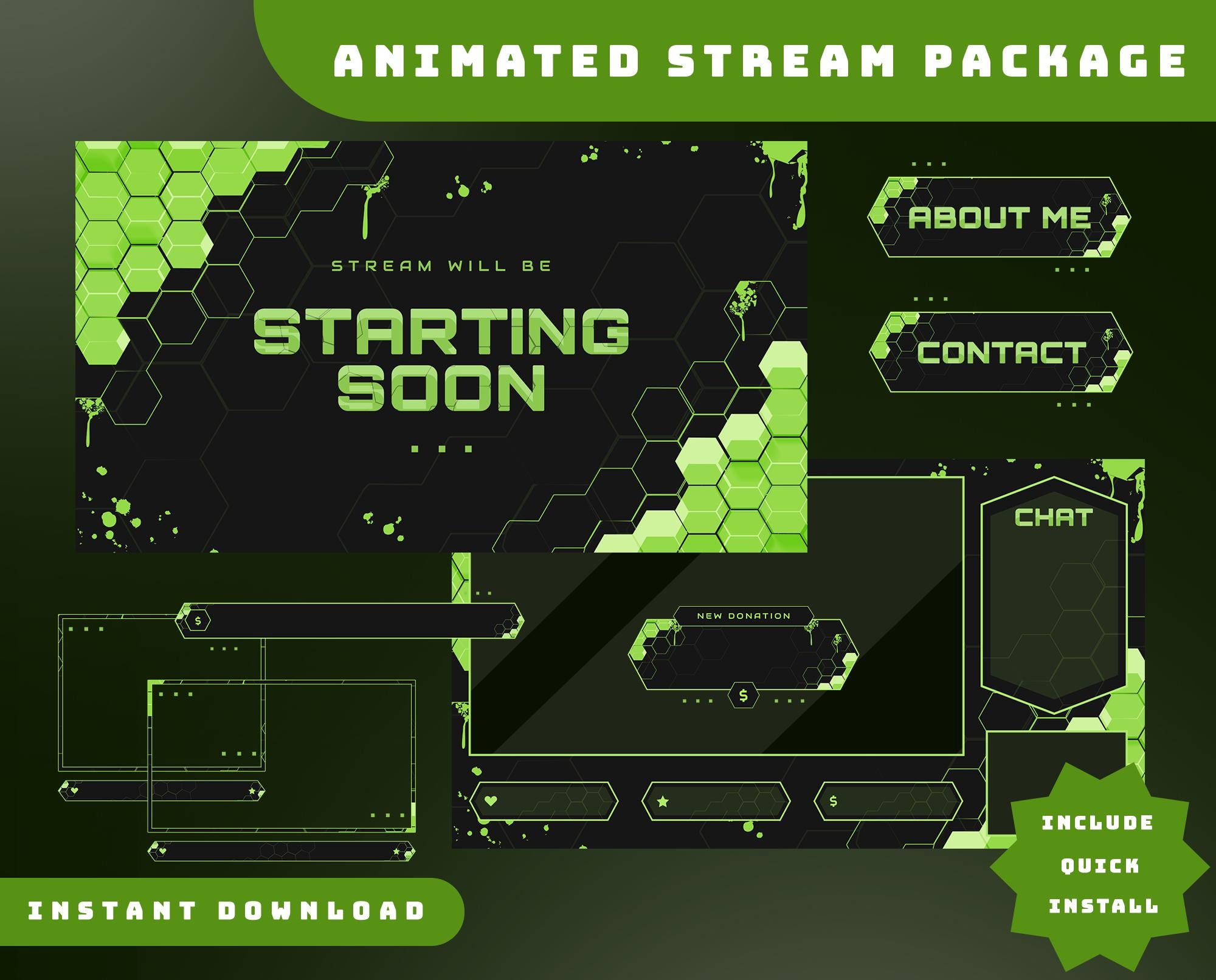 Neon Hexagrid Animated Stream Overlay Package, Green Neon Stream Gaming, Hexagon Twitch Overlay ...