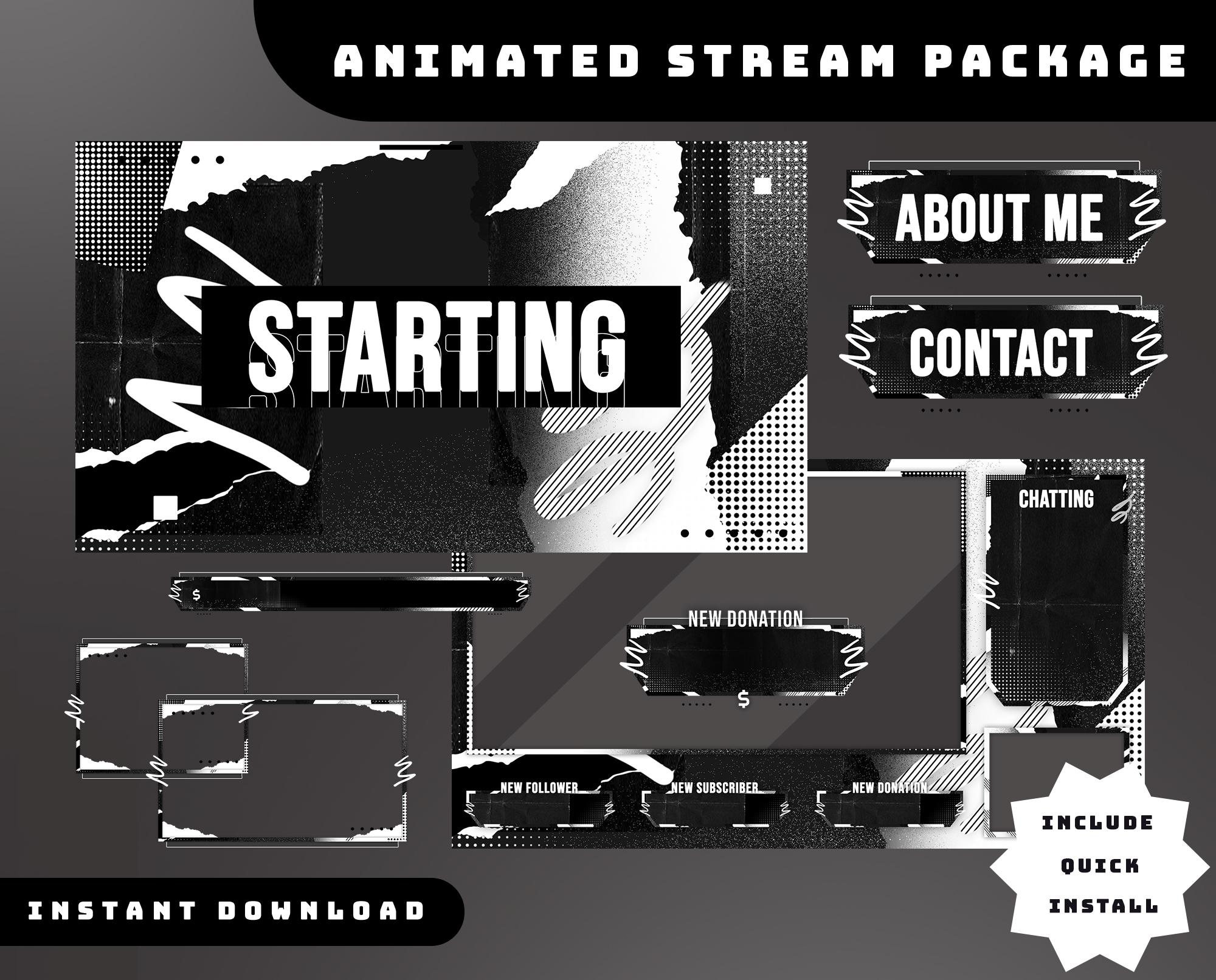 Mono Glitch Animated Stream Overlay Package, Black and White Stream Package, Urban Stream ...