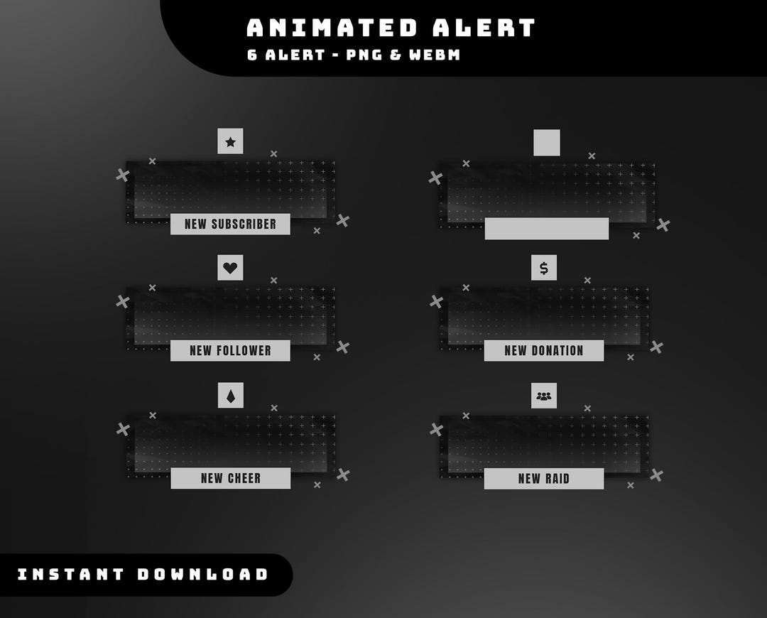 Pixel Noir Animated Stream Alert Overlay Package, Black White Alert ...