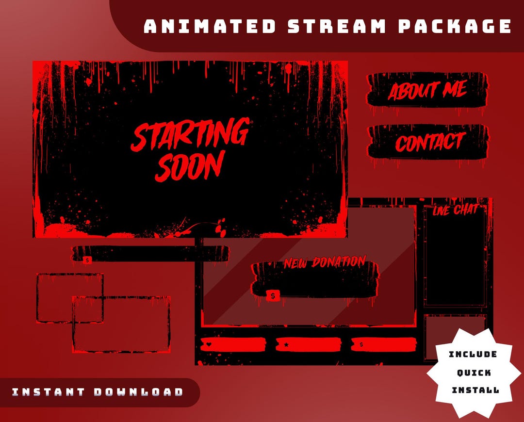 Blood Drip Animated Stream Overlay Package, Red Black Overlay, Bloody ...