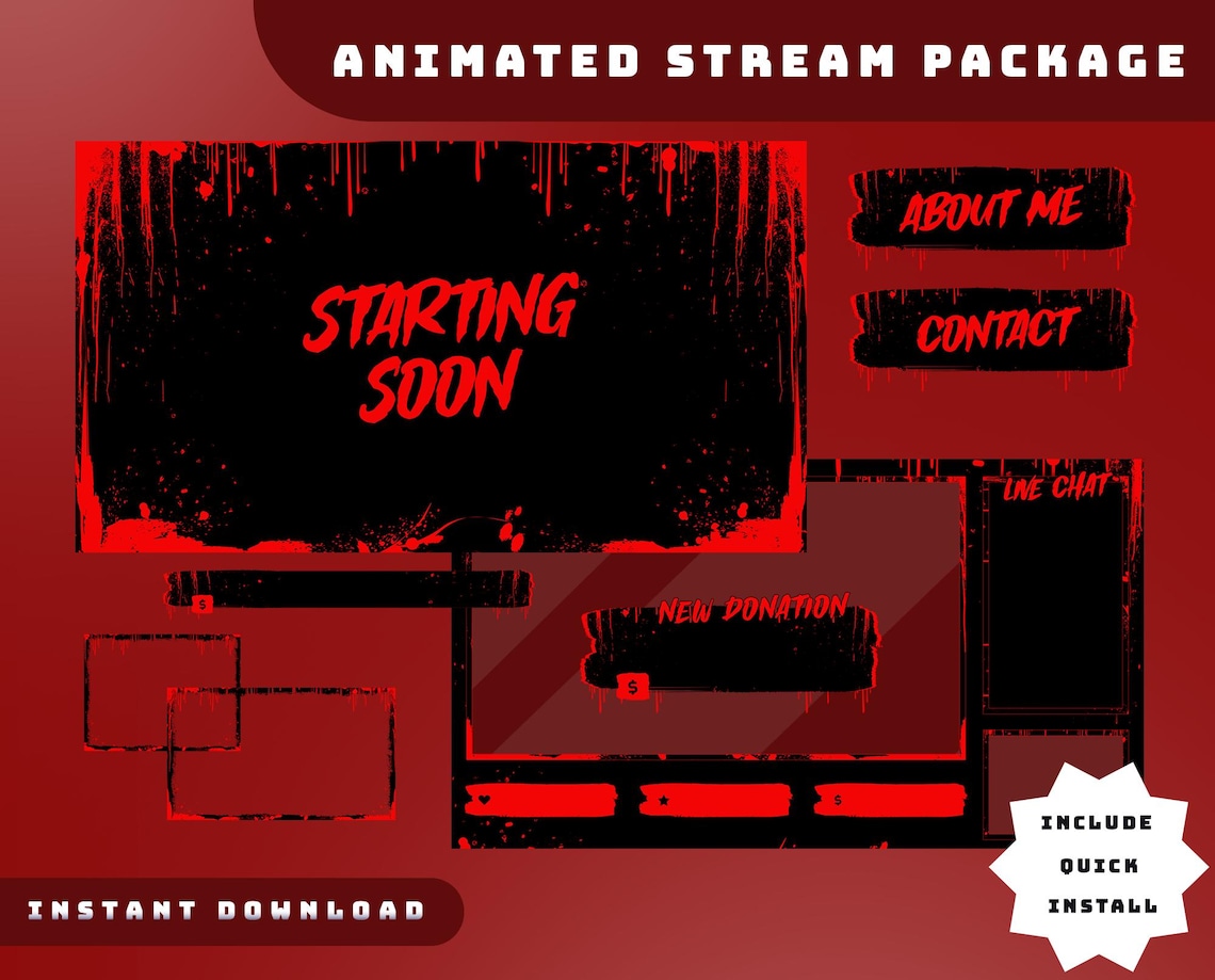 Blood Drip Animated Stream Overlay Package, Red Black Overlay, Bloody ...
