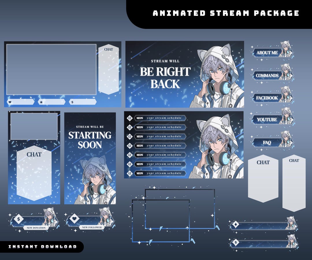 Blue Comet Animated Stream Overlay Package, Tiktok Overlay, Anime Boy ...