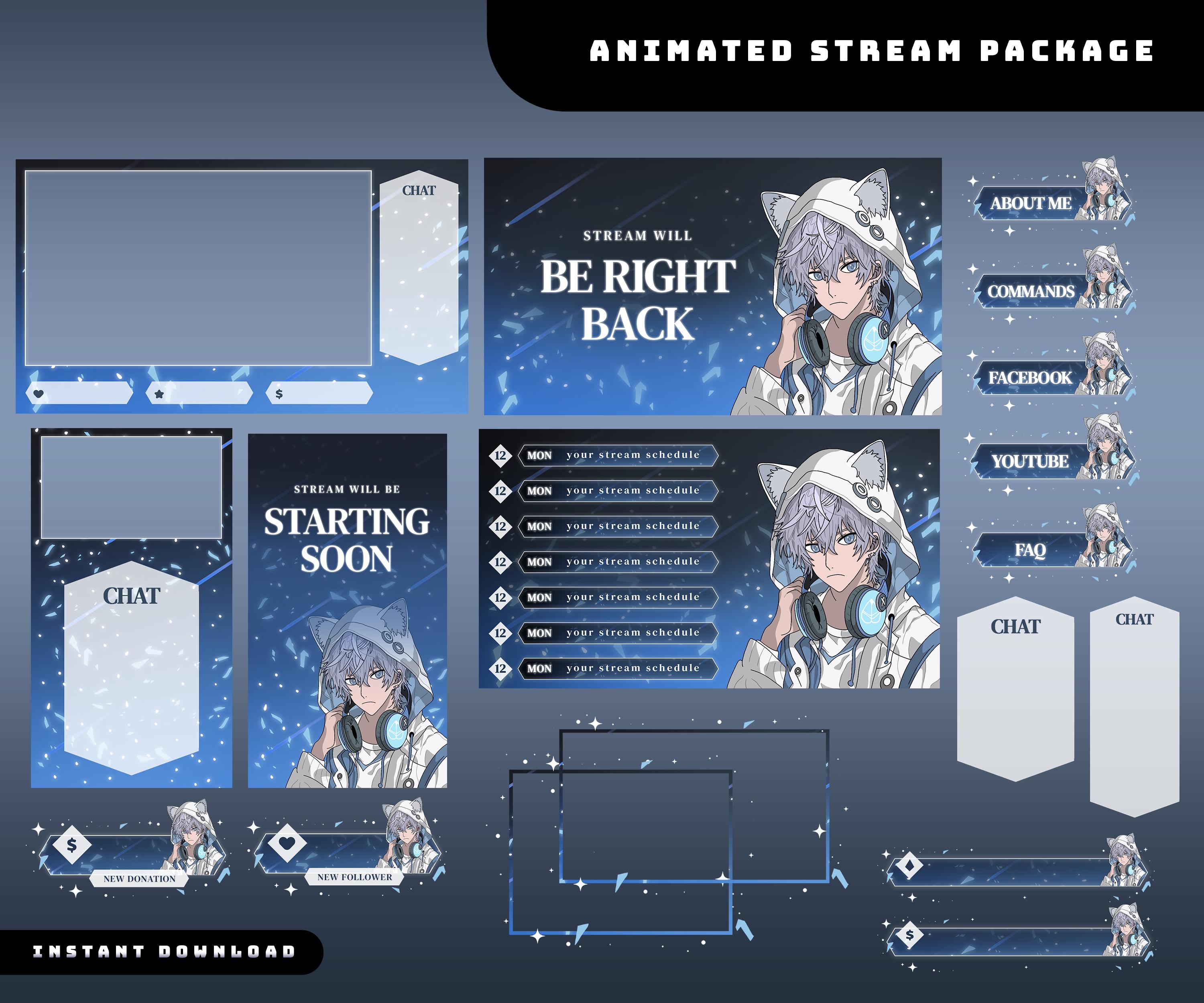 Blue Comet Animated Stream Overlay Package, Tiktok Overlay, Anime Boy ...