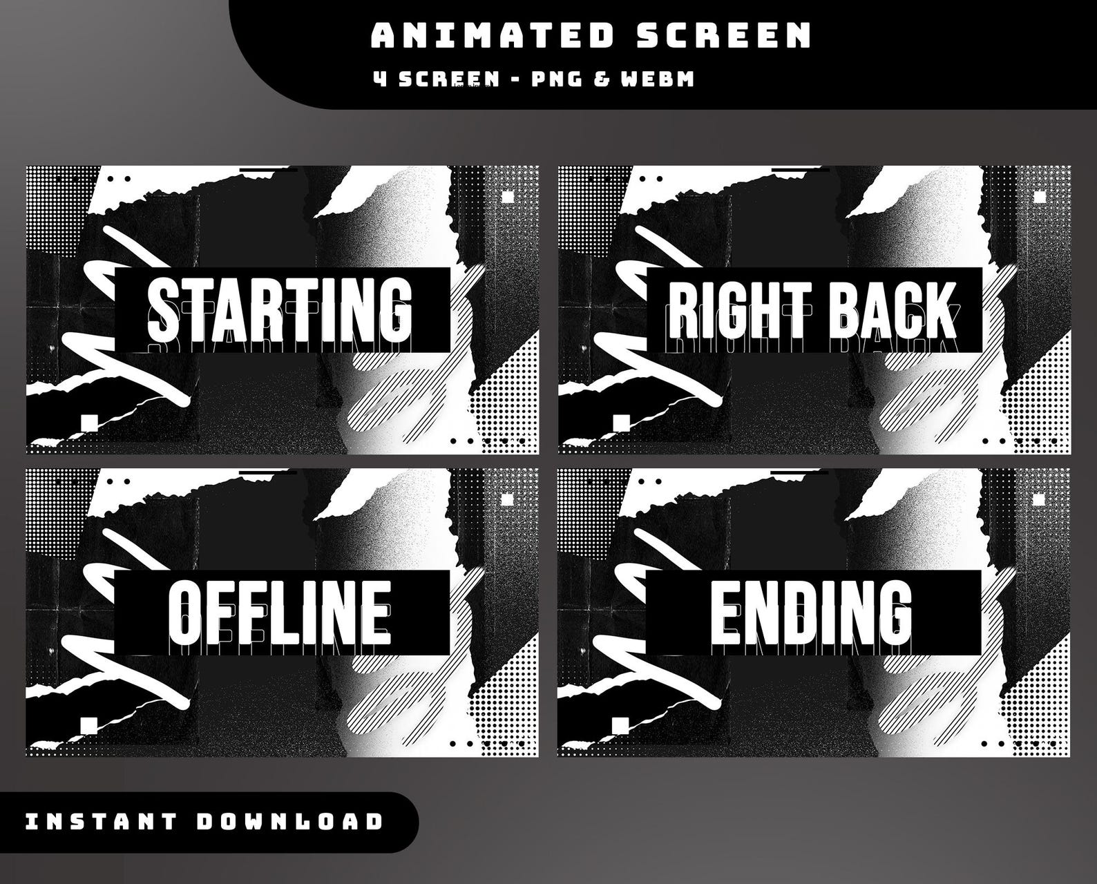 Mono Glitch Animated Stream Overlay Package, Black and White Stream ...