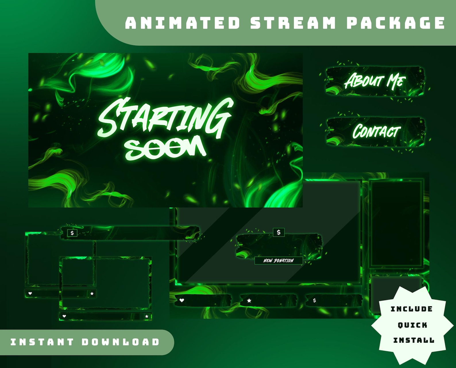 Mystical Green Animated Stream Overlay Package, Green Smoke Overlay ...