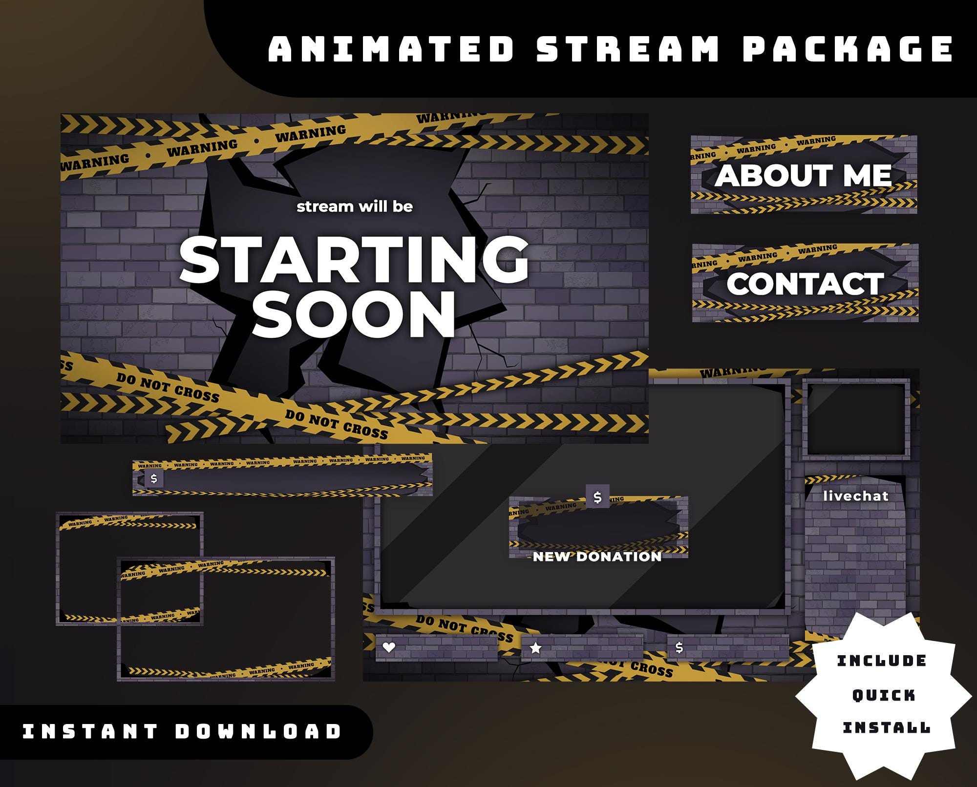 Wall Crash Animated Stream Overlay Package, Do Not Cross Overlay, Dark ...