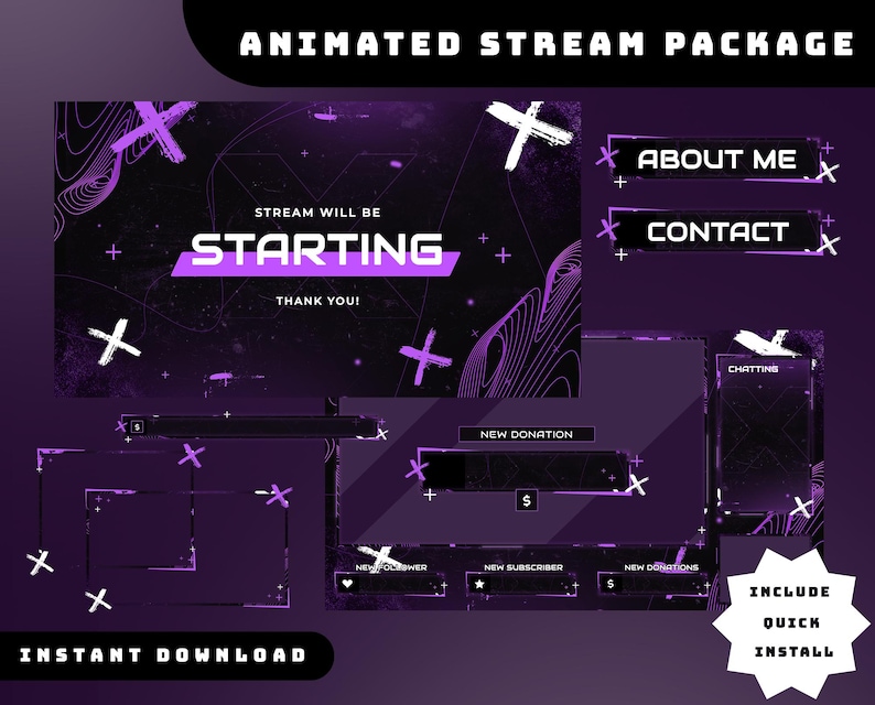 Purple Flux Animated Stream Overlay Package, Purple Streamer Overlay ...