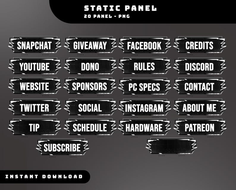 Mono Glitch Static Panel Stream Overlay Package, Black Darkness Panel ...