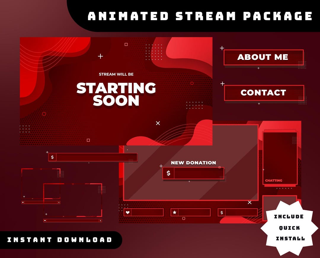 Red Line Animated Stream Overlay Package, Dark Red Streaming Overlay ...
