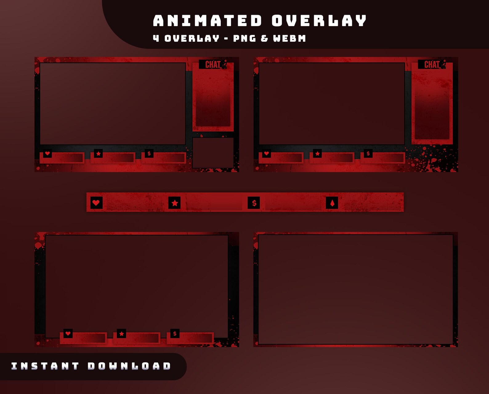 Blood Stain Animated Stream Overlay Package, Red Black Stream, Grunge ...