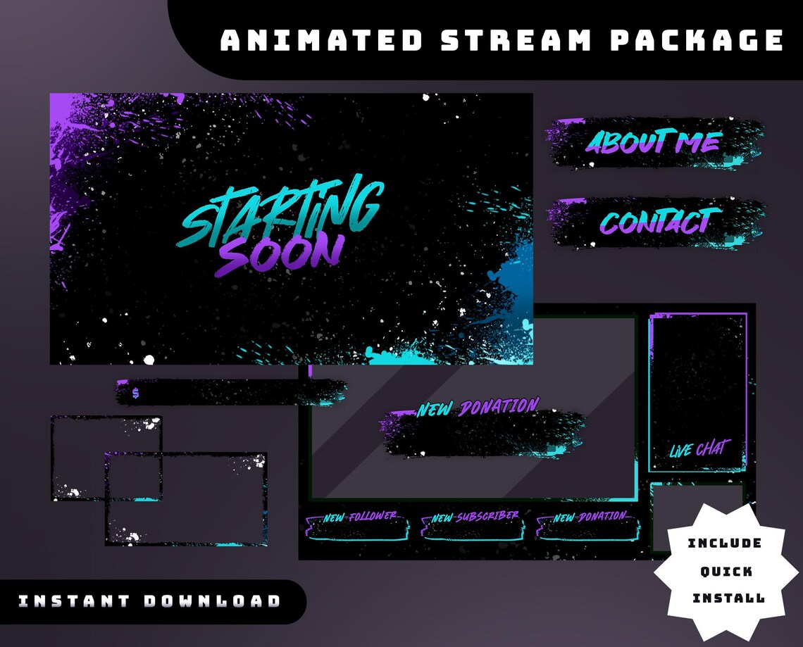 Cryber Splash Animated Stream Overlay Package, Paint Splash Twitch ...