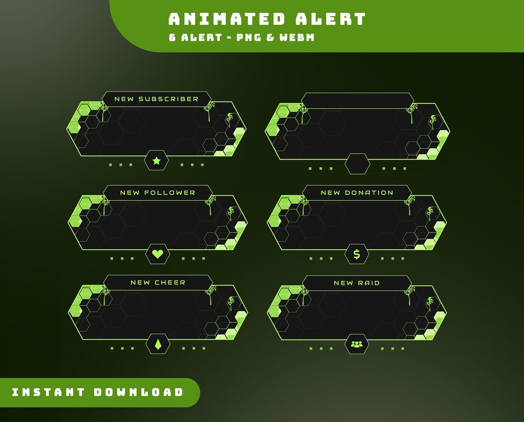 Neon Hexagrid Animated Stream Alert Overlay Package, Green Hexagon ...